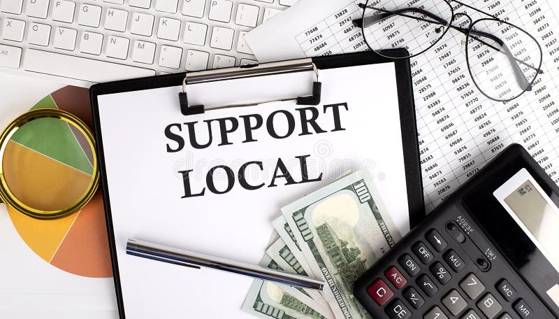 Text SUPPORT LOCAL on Office Desk Table with Keyboard, Dollars ...
