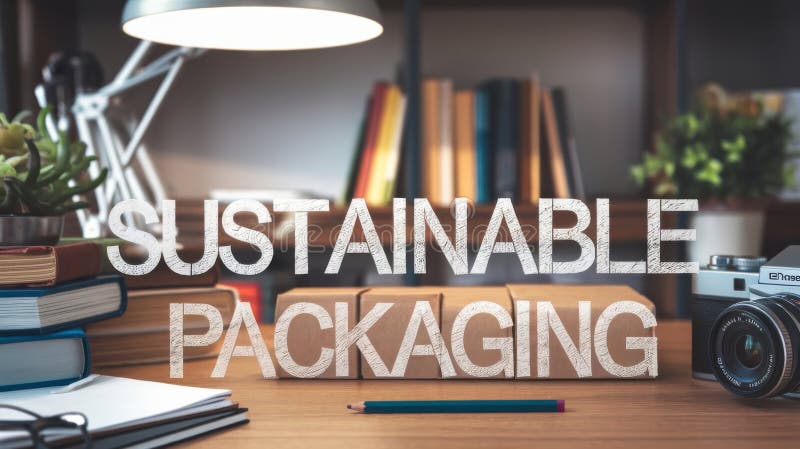 Text "Sustainable Packaging" on Wooden Desk Surface Stock Illustration ...