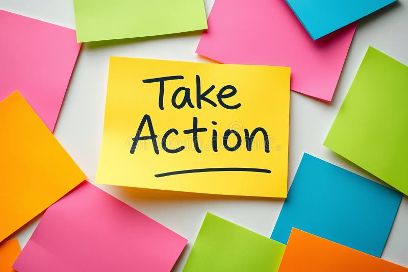 Text Take Action on Yellow Sticky Note with Colorful Notes Stock Photo ...