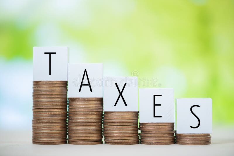 Text TAXES on Growing Down Stack of Coins Stock Image - Image of money ...