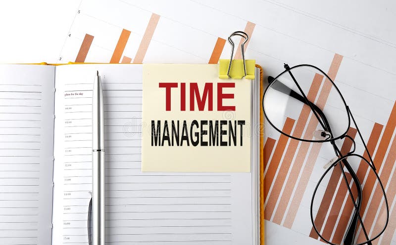 Text TIME MANAGEMENT on Sticker on the Notepad on Diagram Background ...