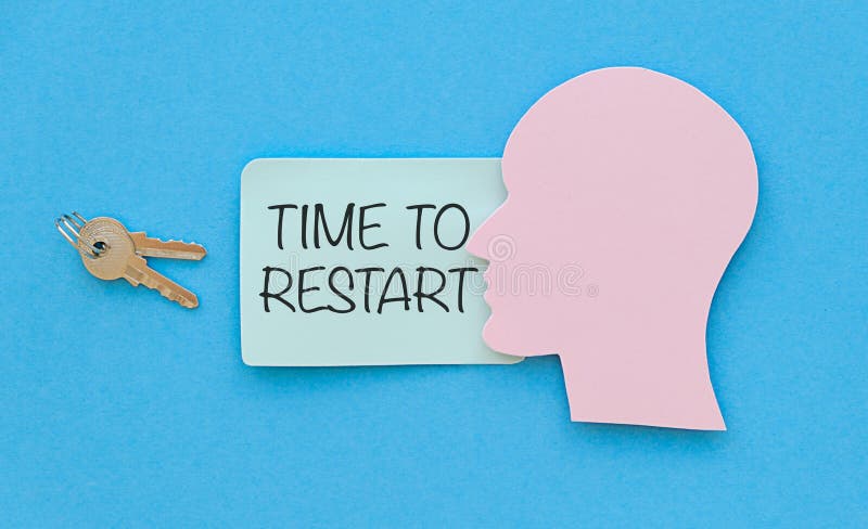 Text Time To Restart on Sticker with Human Head Figure on Light Blue ...