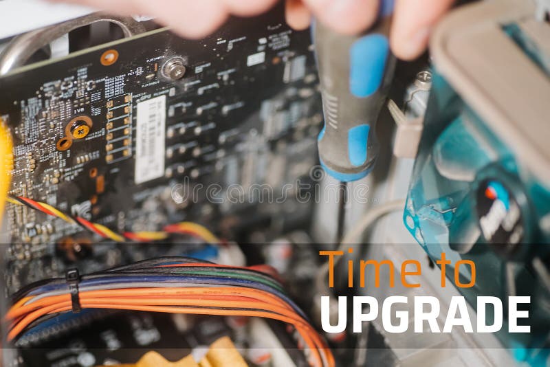 Text TIME TO UPGRADE . Cables on Back of System Unit Desktop Computer ...