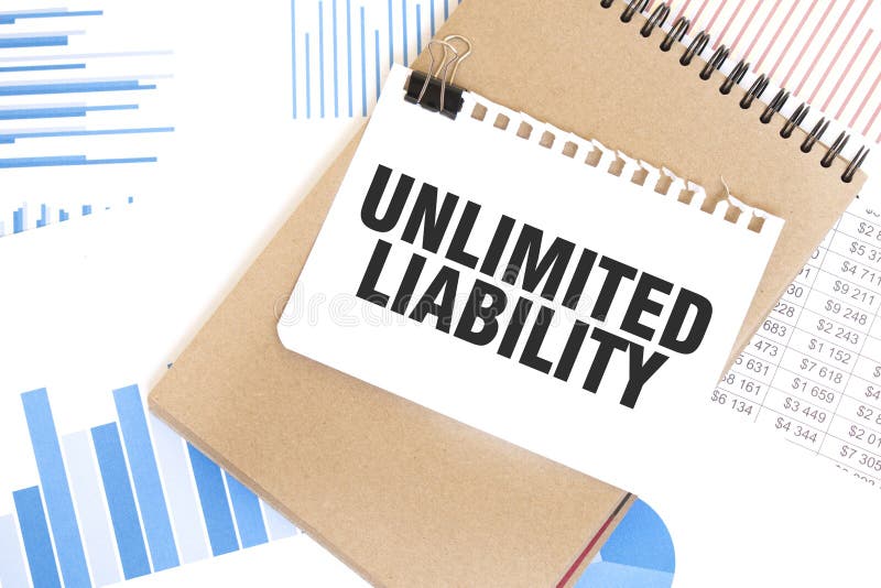 Text UNLIMITED LIABILITY on White Paper Sheet and Brown Paper Notepad ...