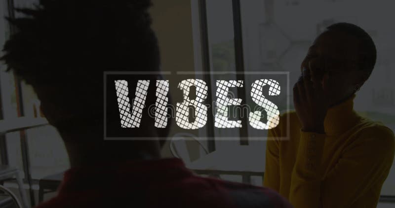 Text VIBES Over Two People Talking in Bright Room with Animation ...