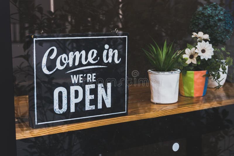 Text on Vintage Black Sign "Come in we Re Open" in Cafe. Stock Photo ...