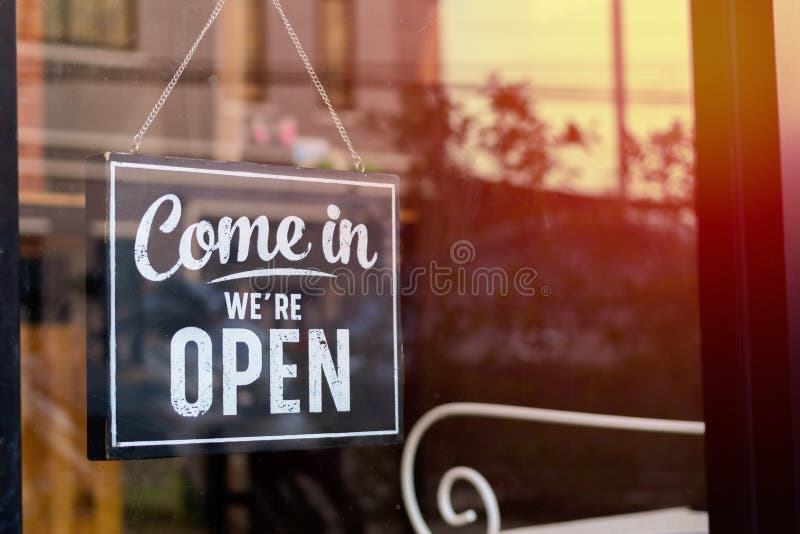 Text on Vintage Black Sign "Come in we Re Open" in Cafe Stock Photo ...