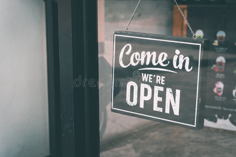 Text on Vintage Black Sign "Come in we Re Open" in Cafe Stock Image ...
