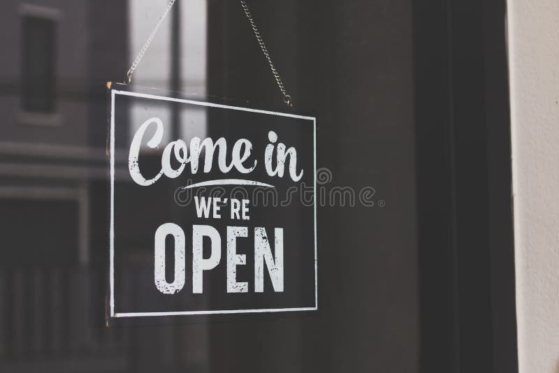 Text on Vintage Black Sign "Come in we Re Open" in Cafe Stock Photo ...