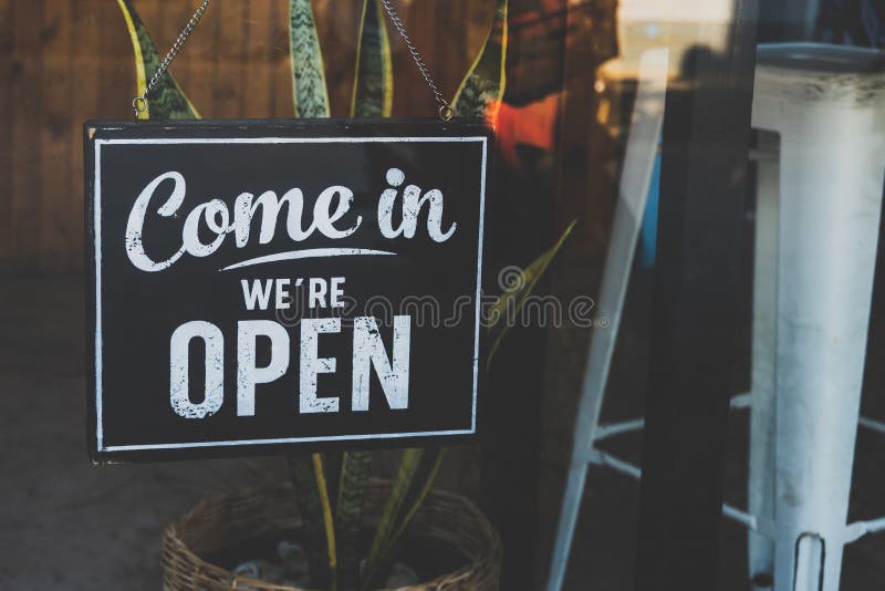 Text on Vintage Black Sign Come in we Re Open in Cafe Stock Image ...