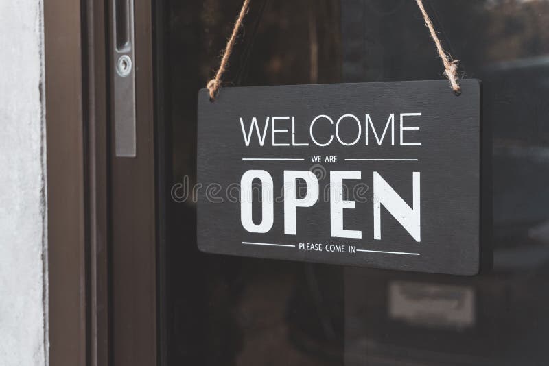 Text on Vintage Black Sign Come in we Re Open in Cafe Stock Photo ...