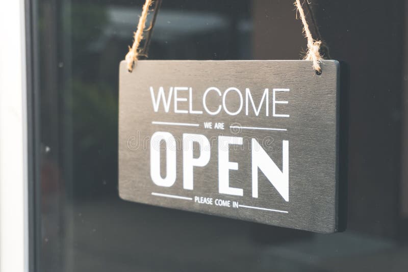 Text on Vintage Black Sign Come in we Re Open in Cafe Stock Photo ...