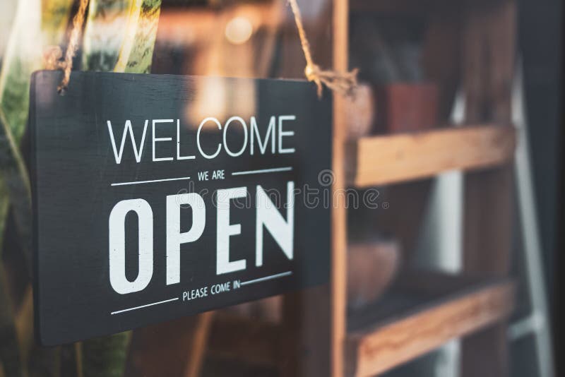 Text on Vintage Black Sign Come in we Re Open in Cafe Stock Photo ...