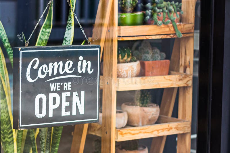 Text on Vintage Black Sign Come in we Re Open in Cafe Stock Image ...