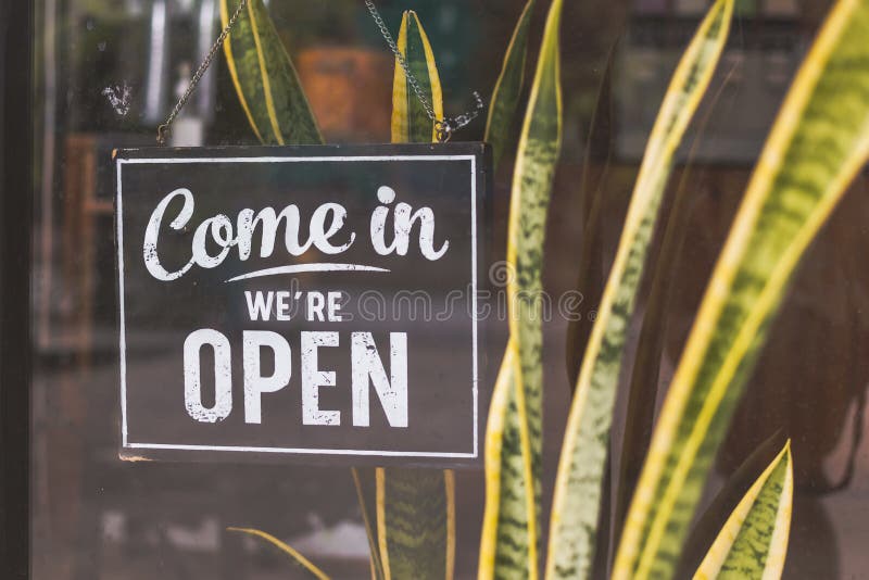 Text on Vintage Black Sign "Come in we Re Open" in Cafe Stock Image ...
