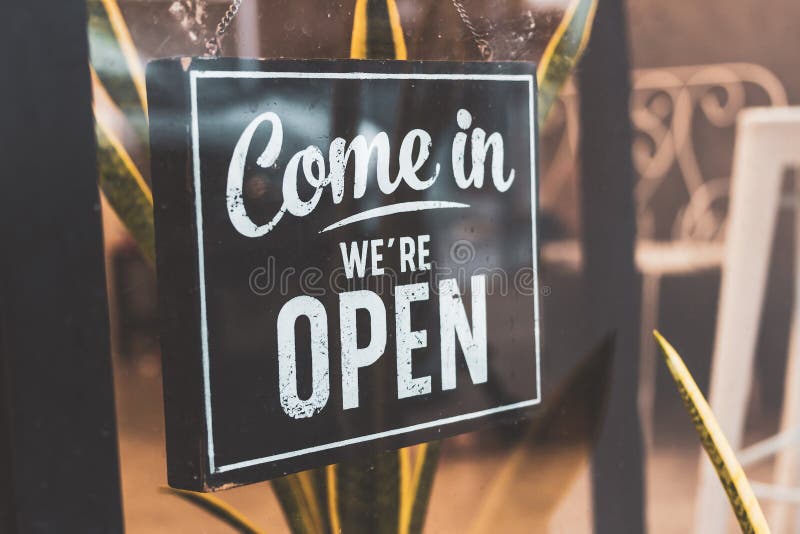 Text on Vintage Black Sign "Come in we Re Open" in Cafe Stock Photo ...