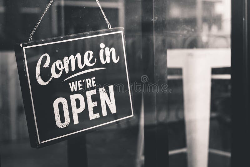 Text on Vintage Black Sign "Come in we Re Open" in Cafe.monotone. Stock ...