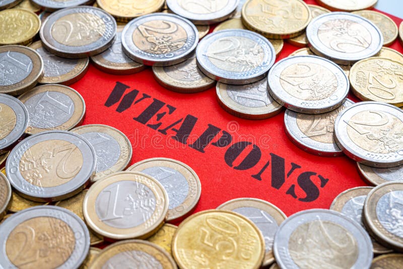Text `weapons` and Coins Around. Arms Trade. Stock Image - Image of ...