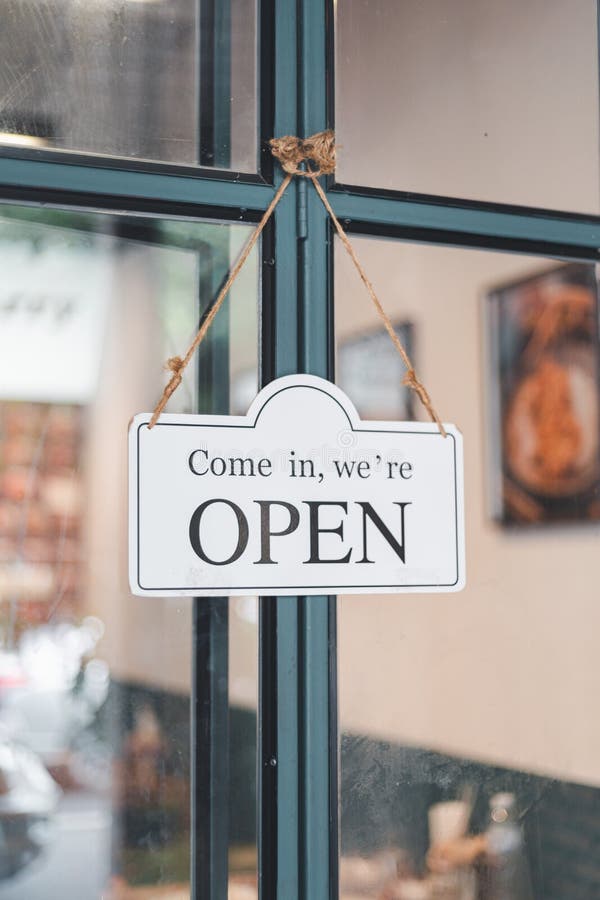 White Sign OPEN Hanging in Cafe Front Door Stock Image - Image of ...