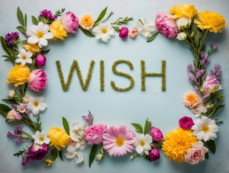 Text Wish with Flowers on Blue Background Stock Image - Image of ...