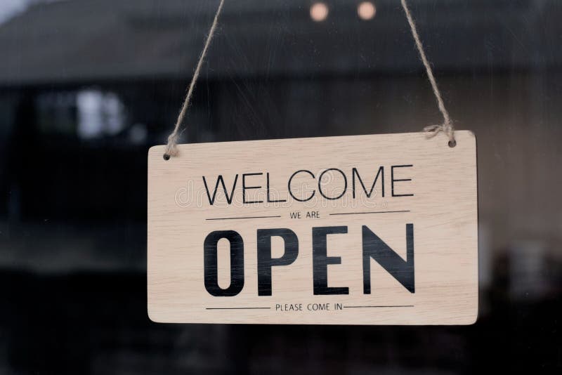 Open Sign Door Text on a Wood Sign "welcome we are Open Please Come in ...