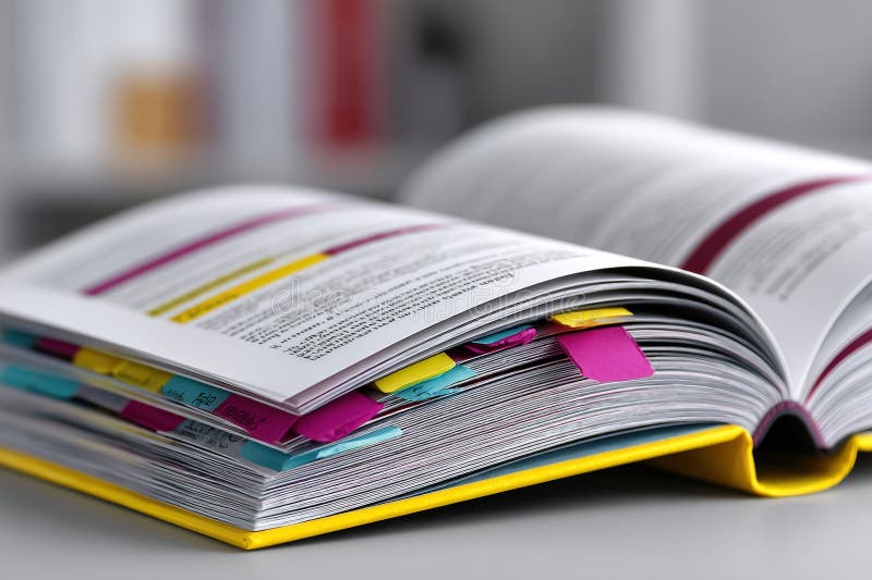 Open Textbook with Colorful Margin Notes and Sticky Tabs Indicating ...