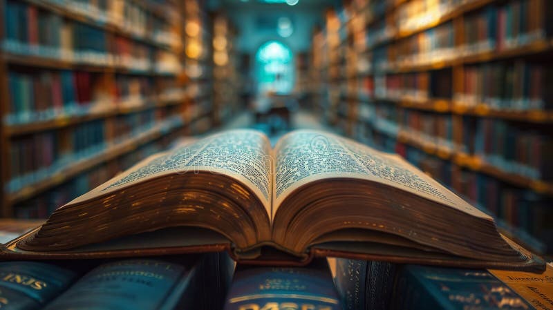 Textbook Open in Library, Focus on Page, Educational Setting, Space for ...