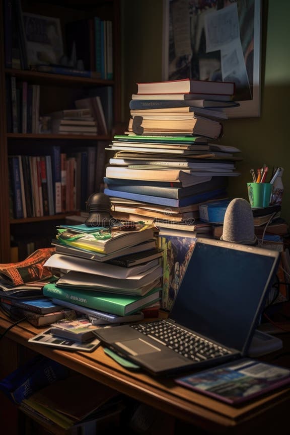 Textbooks Stacked on a Study Desk with Laptop Stock Illustration ...