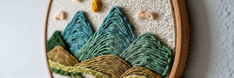 Textile Art of Embroidered Mountains in a Hoop with Green and Blue Yarn ...