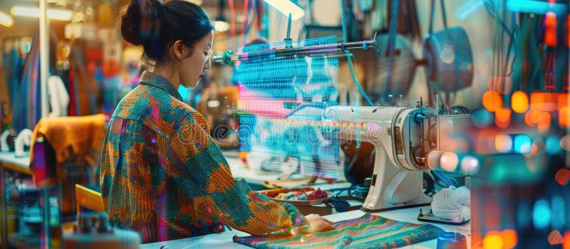 Textile Artist with AI in Vibrant Workshop AIG60 Stock Illustration ...