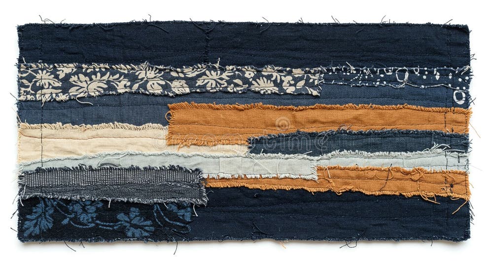 A Textile Collage Featuring Various Fabric Strips in Different Textures ...
