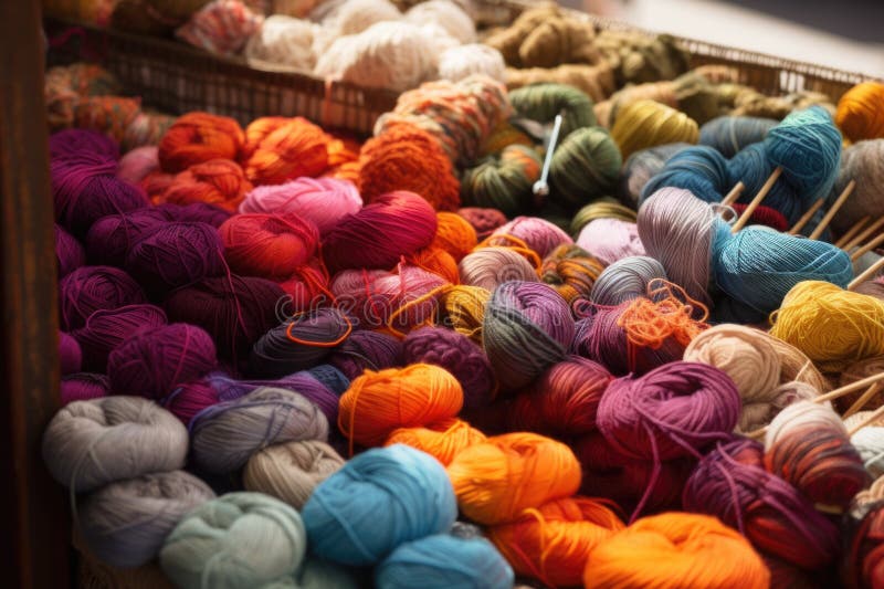 Textile Crafts Workshop, with Needles and Yarn in Various Colors ...