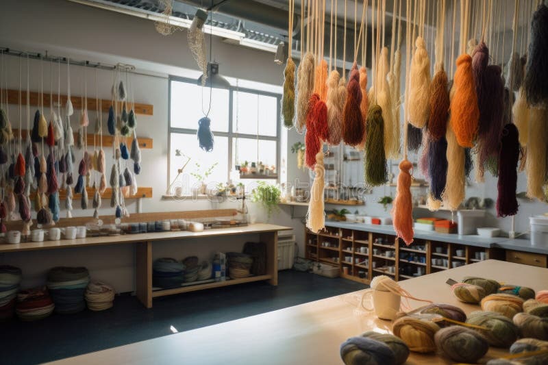 Textile Crafts Workshop, with Yarns, Needles and Hooks Hanging Overhead ...