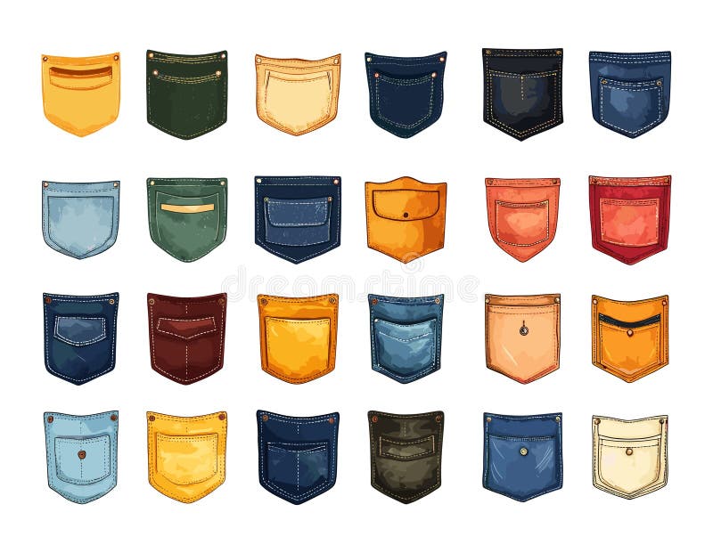 Textile Denim Pants Pockets Cartoon Vector Set. Stitches Keeping ...