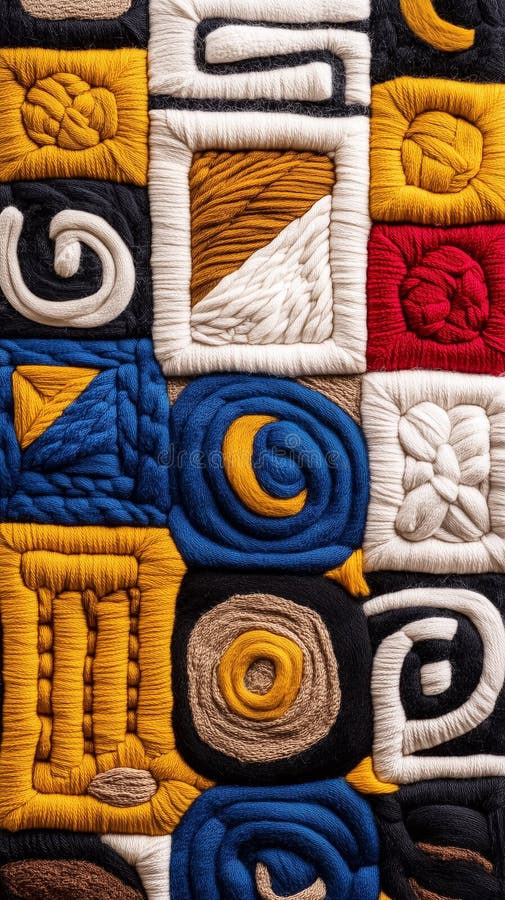 Textile Design Featuring Detailed Stitching Patterns in Vibrant Colors ...