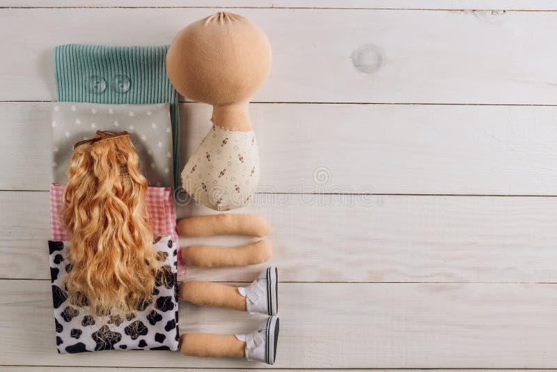 Textile Doll in the Sewing Process with Accessories and Materials ...