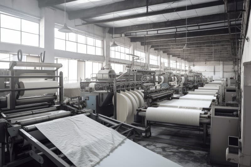 Textile Factory, with Conveyor Belts and Machines Processing Materials ...