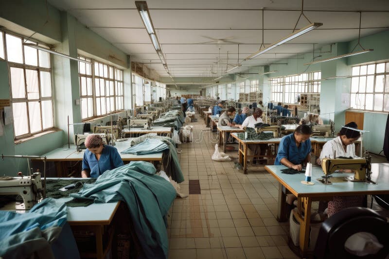 Textile Factory, with Employees Working at Sewing Machines and Fabric ...