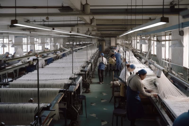 Textile Factory, with Employees Working on Various Stages of Production ...