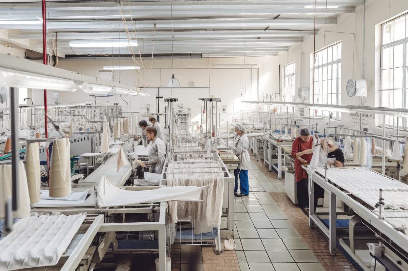 Textile Factory, with Employees Working on Various Stages of Production ...