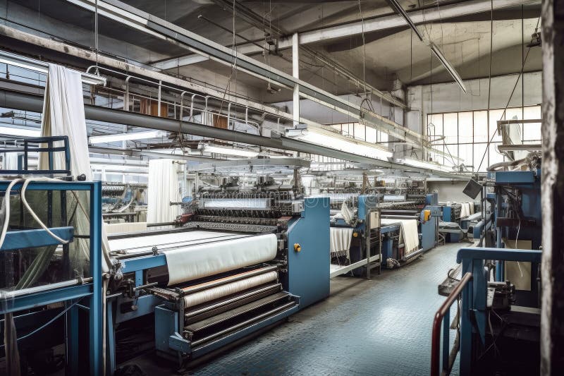 Textile Factory, with Machines and Workers Creating Fabric Stock ...
