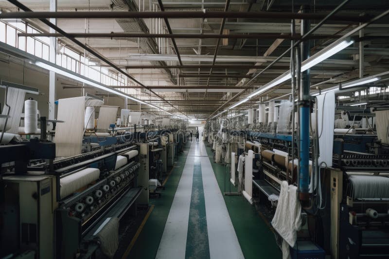 Textile Factory, with Racks of Fabric Rolls and Sewing Machines in ...