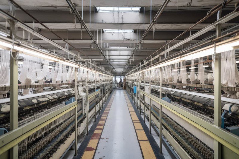 Textile Factory, with Rows of Machines Producing Fabric and Garments ...