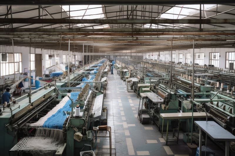 Textile Factory, with Rows of Machines and Workers Assembling Fabric ...