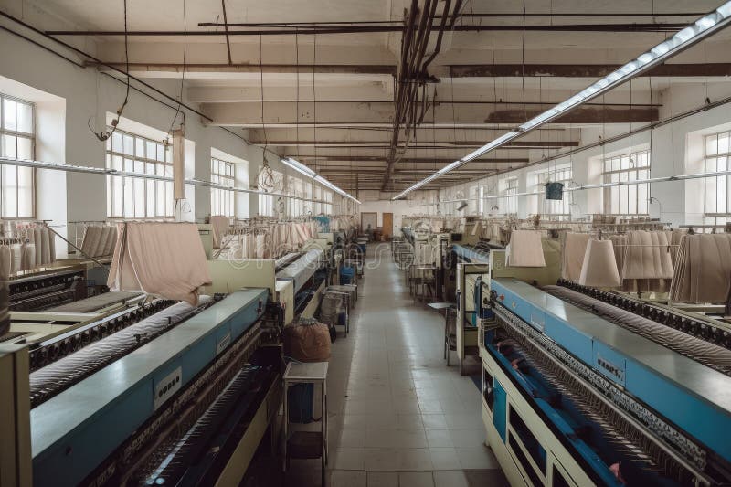 Textile Factory, with Rows of Machines and Workers Busy in the ...