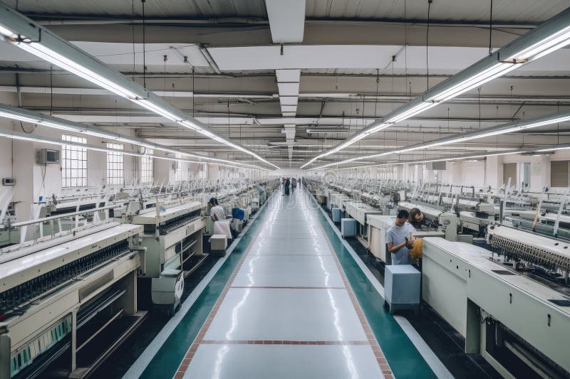 Textile Factory, with Rows of Machines and Workers Busy in the ...