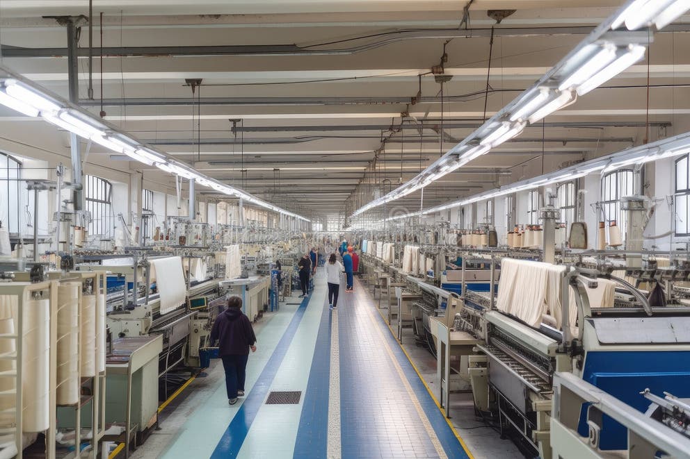 Textile Factory, with Rows of Machines and Workers Creating Fabrics ...
