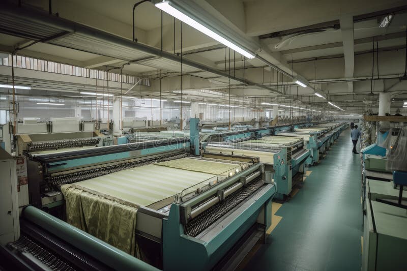 Textile Factory, with Rows of Machines and Workers Creating Fabrics ...
