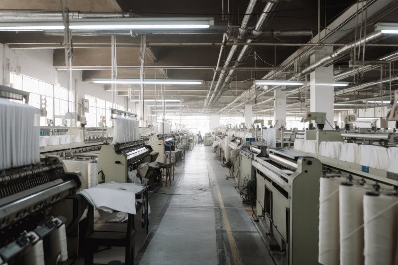 Textile Factory, with Rows of Machines and Workers Producing Fabric for ...
