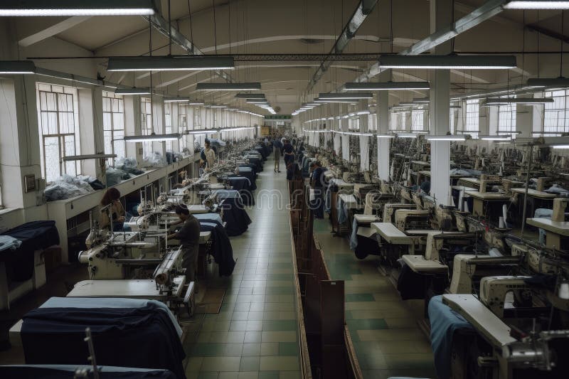 Textile Factory, with Rows of Sewing Machines and Workers Bustling ...